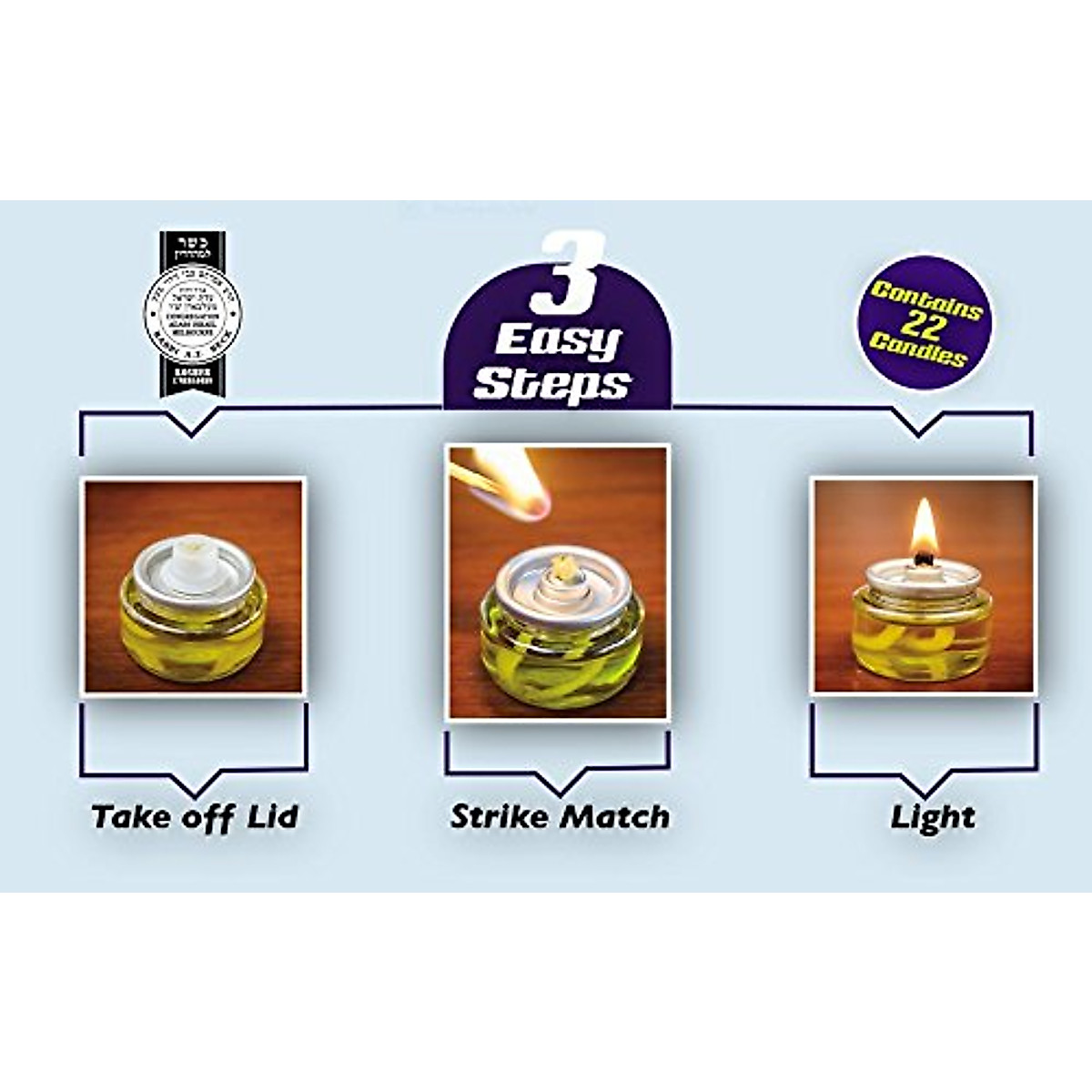 SHABBOS OIL CANDLE LIGHT. Pre-Filled (for quick lighting) Beautiful High Flame, (throughout the entire time) SEALED, NO SPIL, NO MESS, 100% Extra Virgin Olive Oil Burns Approx. 6 Hrs 22 per pack