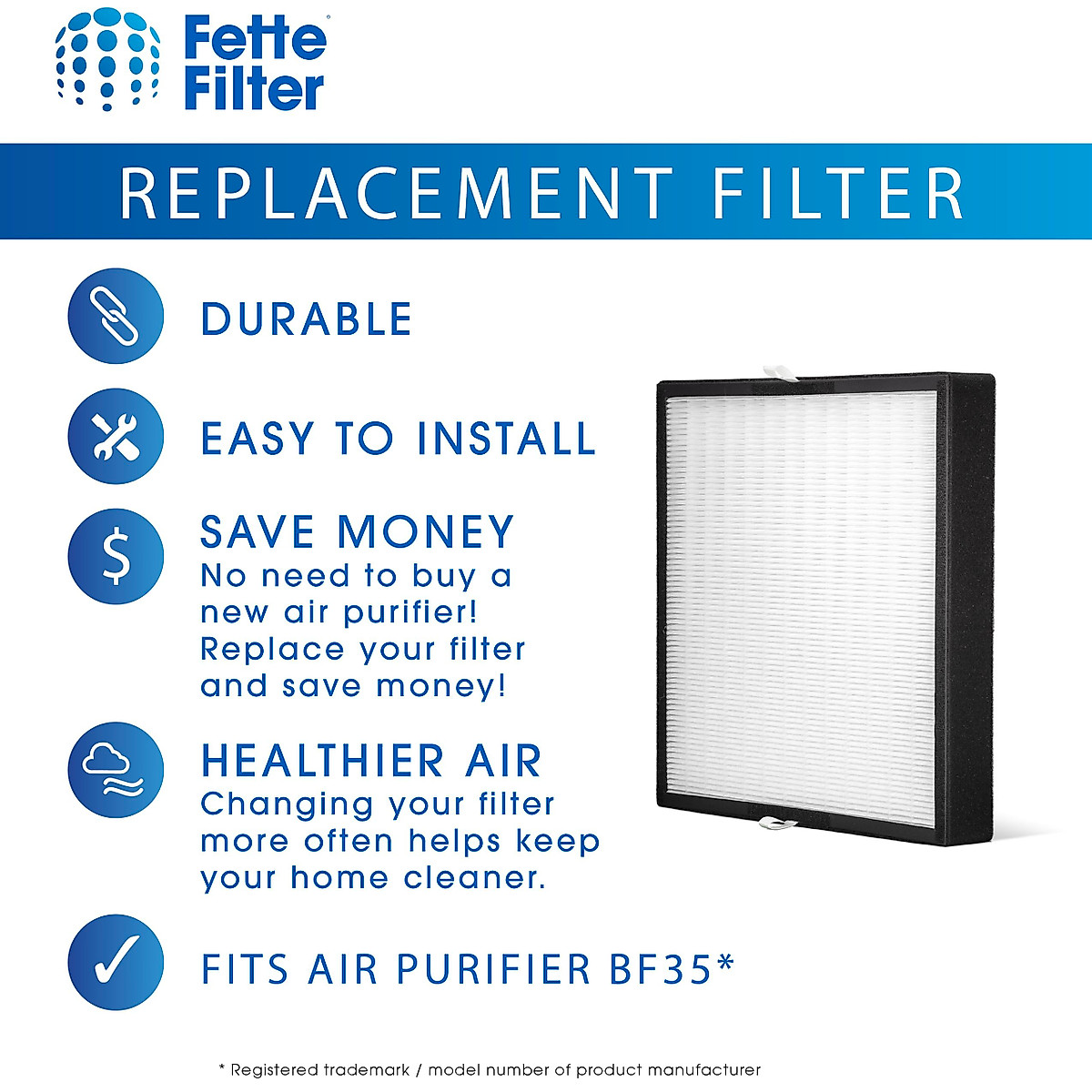 Fette Filter - BF35 True Hepa H13 Replacement Filter Compatible with BF35-Silver-Carbon for Classic Air Purifier - Pack of 1