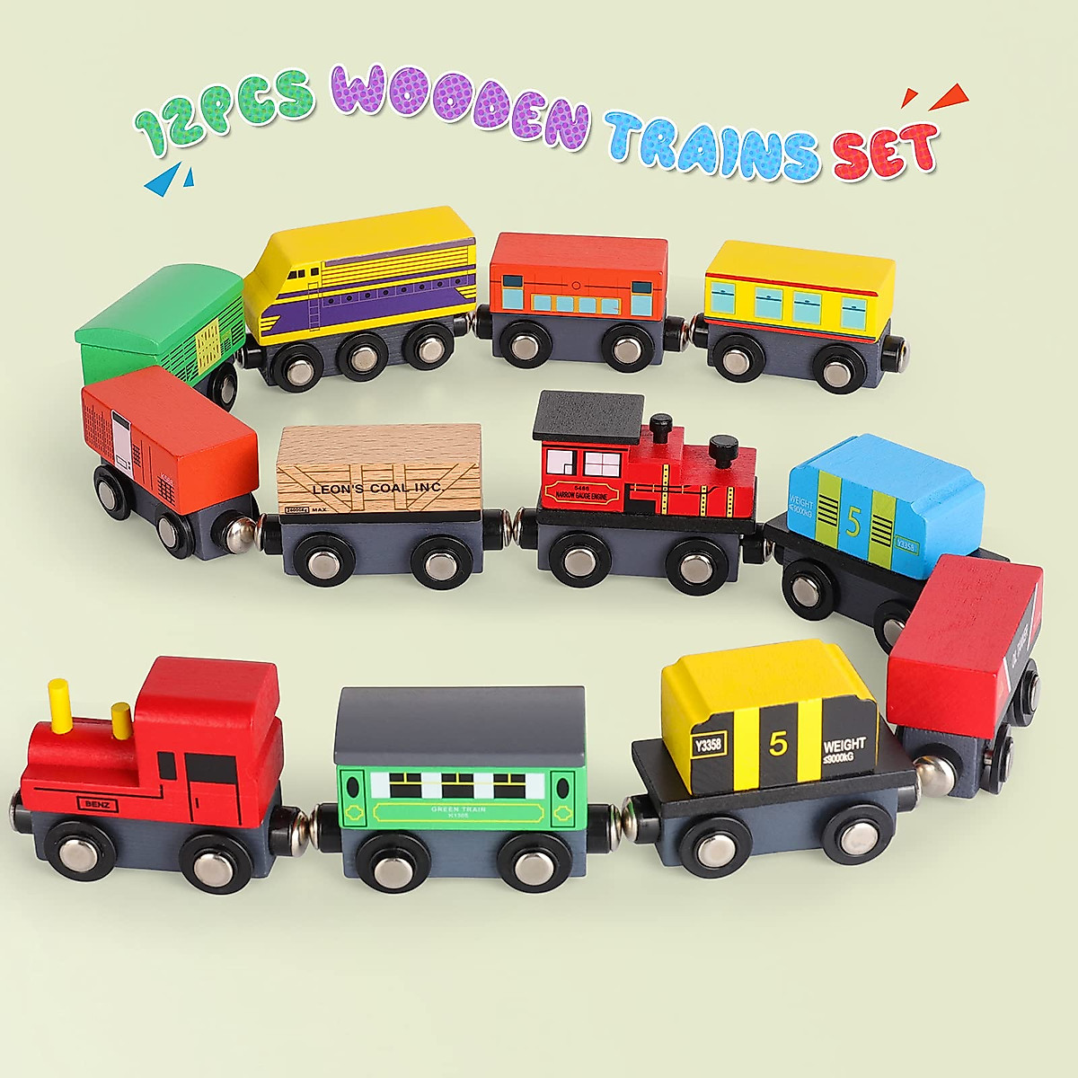 DeXop Toy Train Sets 12 PCS with Box Wooden Train Toys Magnetic Sets for Kids Toddler Gift for Christmas and Birthday for Boys and Girls