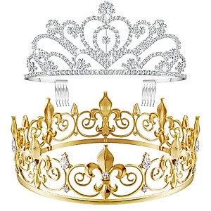 King Crown 2 Pcs Royal King Crown Metal Crystal Tiara Crown for Men Women Bridegroom Bride Princess for Wedding Halloween (Rhinestone Style)