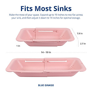 BLUE GINKGO Over the Sink Colander Strainer Basket - Wash Vegetables and Fruits, Drain Cooked Pasta and Dry Dishes - Extendable - New Home Kitchen Essentials (7.9 W x 14.5-19.5 L x 2.75 H) (Pink)