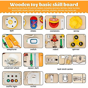 Montessori Busy Board for Toddlers- Learn to Dress Toys for 1 2 3 4 Year Old Kids - Learning Toy for Airplane or Car Travel-20-in-1 Yellow