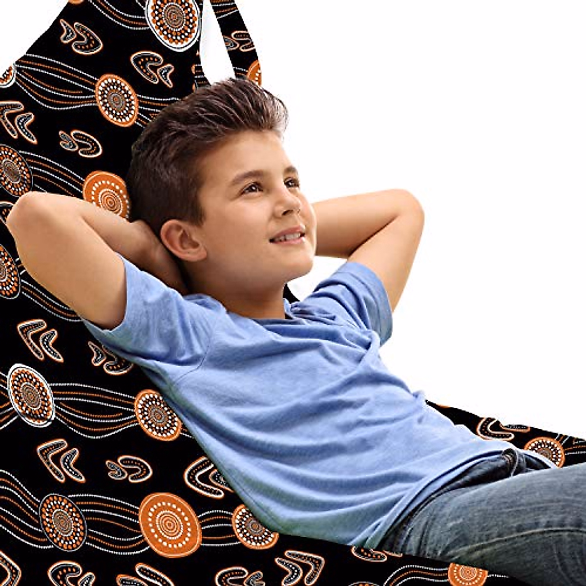 Lunarable Tribal Lounger Chair Bag, Ethnic Australian Aboriginal Art with Circles Dots Wavy Stripes on Dark, High Capacity Storage with Handle Container, Lounger Size, Orange Charcoal Grey