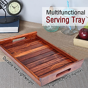 Wood Serving Trays for Dining Table, Wooden Serving Trays with Handles, Rustic Nesting Trays, Breakfast Tray, Coffee Table, Party Tray, Rectangular, Brown Wooden Tray, Table Decor.