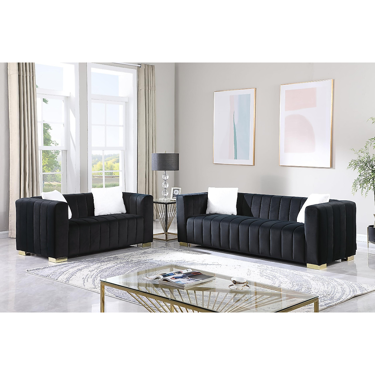 WILLIAMSPACE 62" Modern Loveseat Sofa for Living Room, Mid Century 2-Seater Velvet Chesterfield Sofa, Upholstered Couch with Gold Leg for Apartment, Office, Small Space (Black)