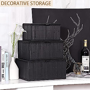 Honygebia Bamboo Decorative Storage Boxes - Set of 3 Woven Lined Storage Basket with Lids, Black Wicker Lidded Baskets for Home Kitchen Shelf Organizer Decor