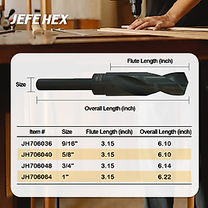 Jefe Hex Reduced Shank Industrial Drill Bit, 5/8 Inch Silver and Deming Drill Bits, HSS Black Oxide Finish Drill Bits, 135-Degree Split Point, Zinc Alloy, Wood and Plastic