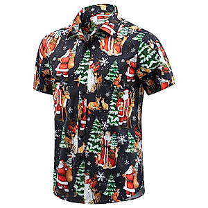 ENVMENST Men's Christmas Button Down Shirt Santa Party Short Sleeve Holiday Casual Hawaiian Shirts(Santa C404,L)