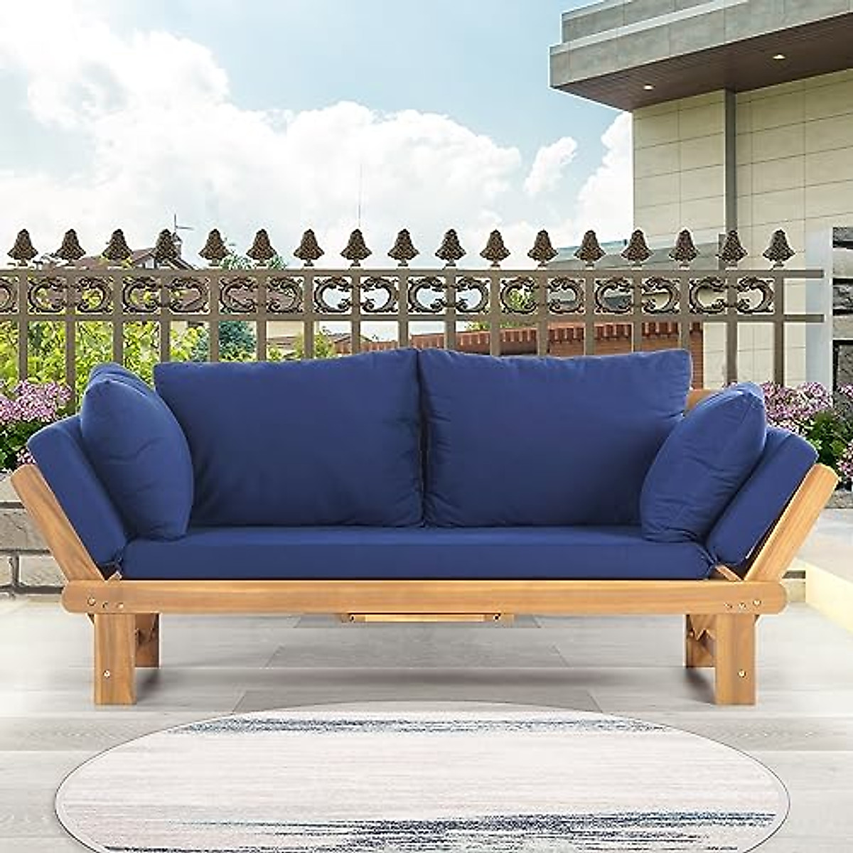 Yewuli Wooden Outdoor Futon Sofa, Couch with Adjustable Armrest,Convertible Outdoor Sofa Daybed with Expandable Plate,Acacia Wood Expandable Sofa with Cushions and Pillows for Backyard, Balcony,Patio