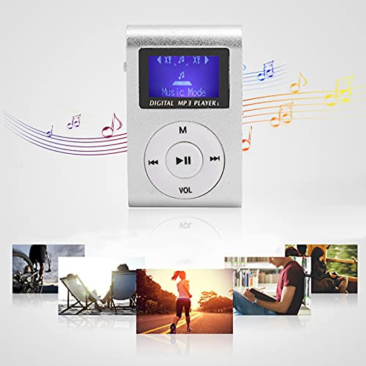 Portable Mini MP3 Music Player, 0.8inch LCD Screen Sports Back Clip MP3 Player Support Memory Card, Mini Digital Music Player for Adult Student(Silver)