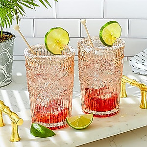 Vintage Textured Rose Gold Striped Drinking Glasses Set of 6, (13 oz) Ribbed Glassware Set | Cocktail Set, Ice Tea Glasses, Juice Glass, Water Cups