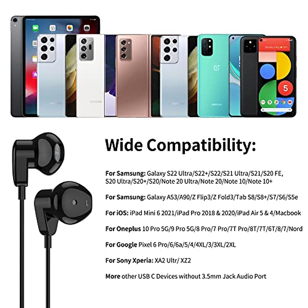 APETOO USB C Headphones for Samsung S22 Ultra,HiFi Stereo Type C Earbuds with Mic USB C Earphones for Galaxy S21 S20 FE S23 Note 20 Ultra 10 Plus Pixel 6 5 4 3XL OnePlus 9 Pro 8T 7T,iPad Pro,MacBook