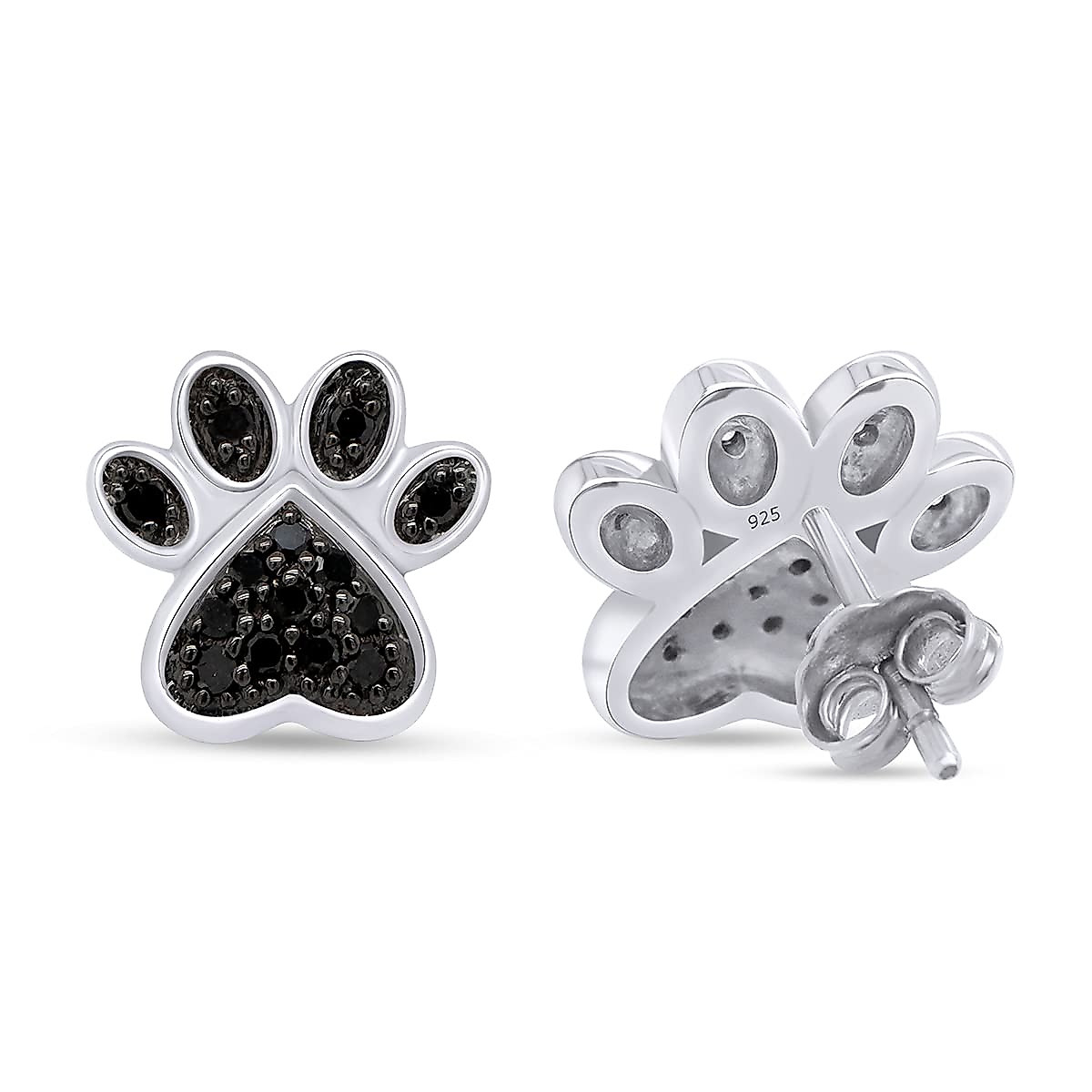 0.25 carat Black Natural Diamond Accent Paw Print Stud Earrings in 14k White Gold Over Sterling Silver