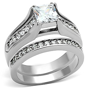 Marimor Jewelry Princess Cut Zirconia Stainless Steel 316 Wedding Ring Band Set Womne's Size 9