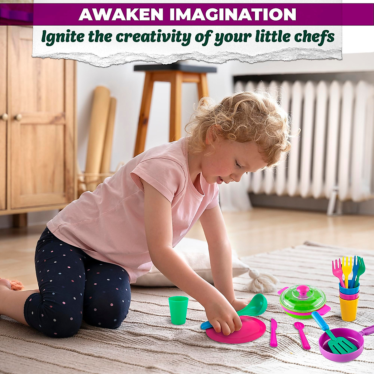 Play Kitchen Pots and Pans for Kids Kitchen Playset - 27Pcs Toy Plates and Dishes for Kitchen Set Plastic Dishes and Utensil Sets for Play Kitchens - Kids Playset Play Dishes for Kids Kitchen Toys