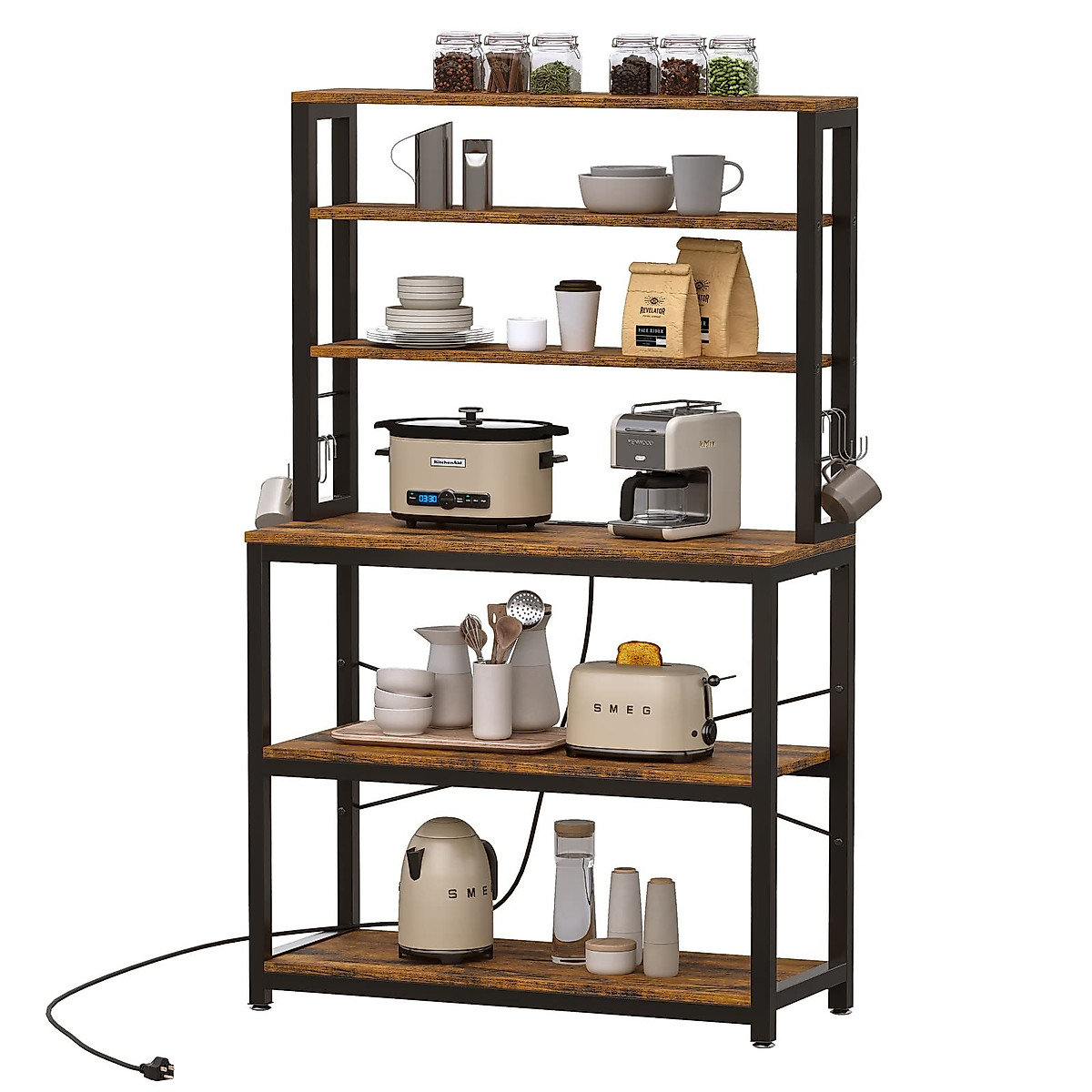 Rovaurx Standing Baker's Rack with Power Outlets, Microwave Oven Stand, Industrial Kitchen Cart Storage Shelf Organizer, Rustic Brown KTJZ001A