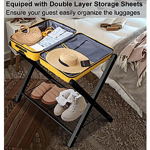 Fandature Folding Luggage Rack for Guest Room, Metal Foldable Suitcase Stand Holder with Metal Shelf for Bedroom, Black, 1 pack