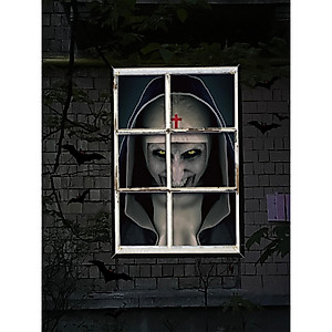 Halloween Window Cover Decorations, Fabric The Nun Creepy Halloween Curtain Horror Movie Poster Window Door Covering Decor for Haunted House, Scary Halloween Window Clings Decals Indoor Outdoor