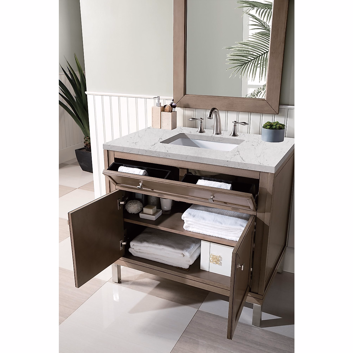 Chicago 36" Single Vanity, White Washed Walnut, with 3 CM Eternal Jasmine Pearl Quartz Top w/Sink