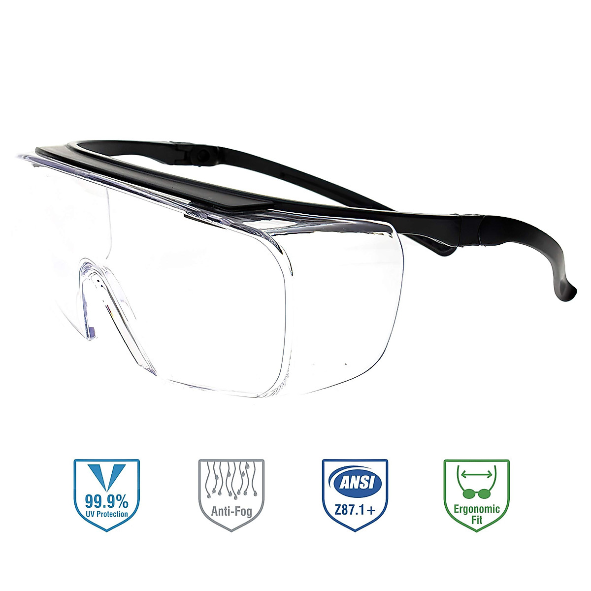 Birsppy Fitover Safety Glasses Goggles for Eye Protection by ElementsActive | Anti-Fog | Fits over Eyeglasses | Adjustable Temple Fit