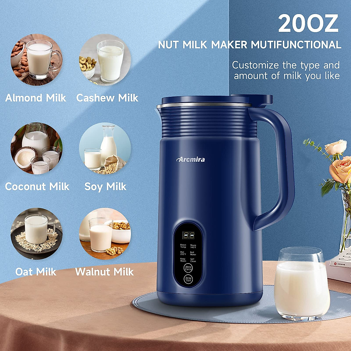 Arcmira Automatic Nut Milk Maker, 20 oz Homemade Almond, Oat, Soy, Plant-Based Milk and Dairy Free Beverages, Almond Milk Maker with Delay Start/Keep Warm/Boil Water, Soy Milk Maker with Nut Milk Bag