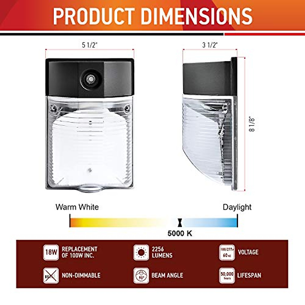 OSTWIN LED Wall Pack Outdoor Light with Photocell 18W 2256Lm 100-277V 5000K Daylight - Dusk Till Dawn Wall Pack - Outdoor Security Light - DLC & ETL Listed - 100W MH/HPS Replacement - 2 Pack