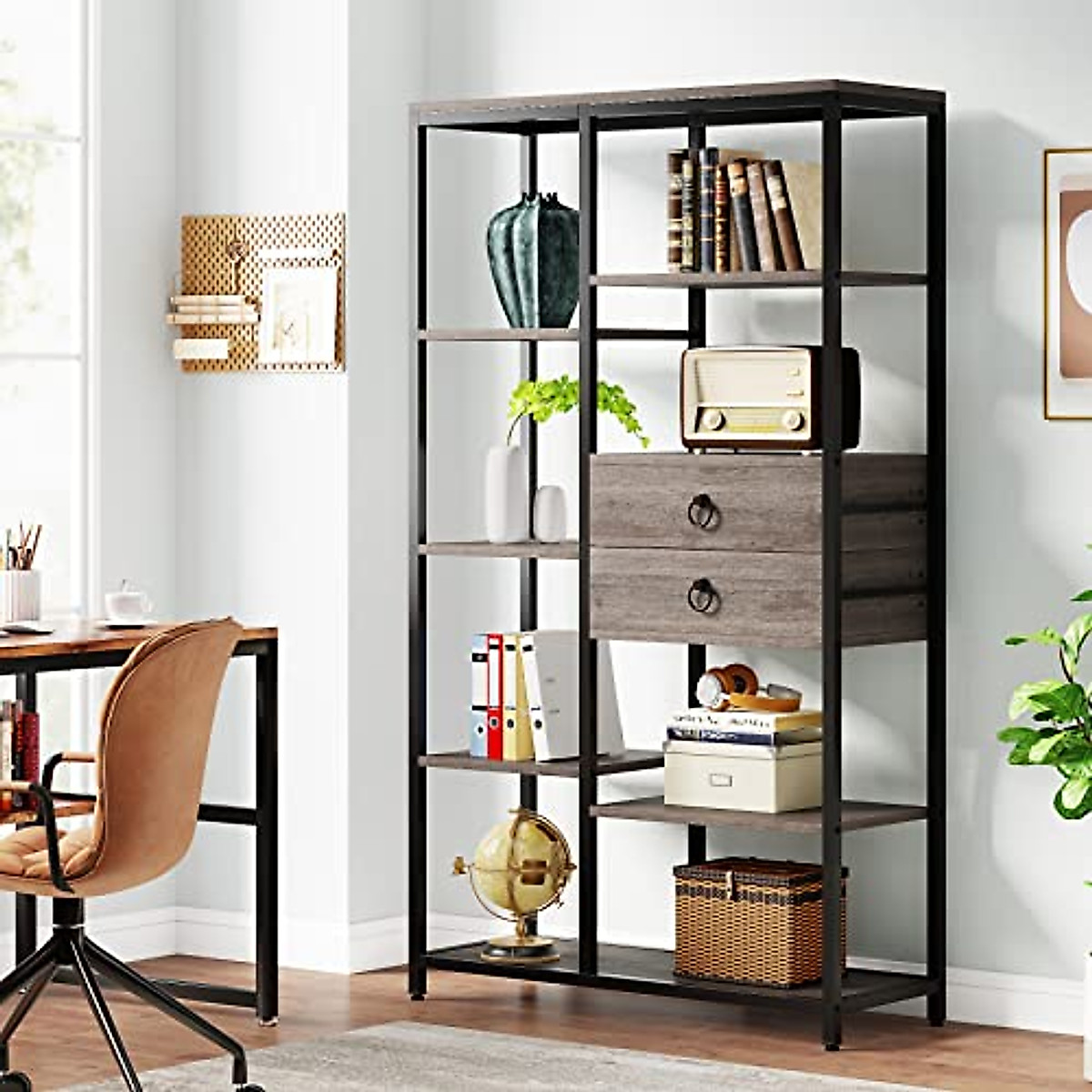 LITTLE TREE Reversible Bookshelf with 2 Drawers, 5 Tier Tall Bookcases Wood Open Bookshelves Display Book Shelf Decorative Storage Shelves for Living Room Bedroom, Black Rustic Gray