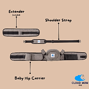 CLOUD MUM INC Ergonomic Baby Hip Carrier seat - Comfortable & CPC Certified, 5 Pockets, Shoulder Support, Waist Extender and Bottle Insulator, 7-66 lbs. - Perfect for Newborns to 36 Months (Grey)