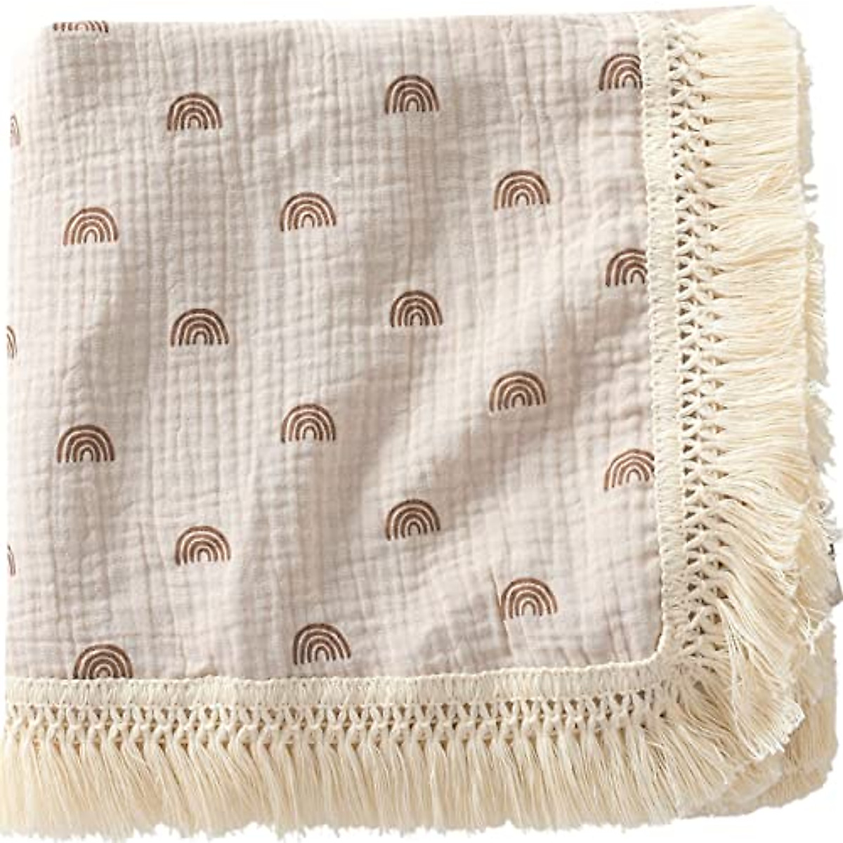 CHUNGEL Cotton Baby Muslin Tassles 40"x 47", Baby Receiving Blanket with Fringe, Boho Muslin Swaddle Blanket with Fringe- Earth Rainbow…