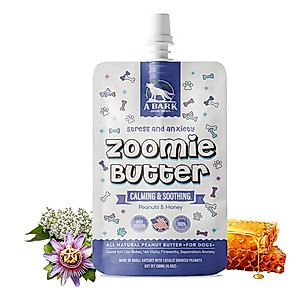 Zoomie Butter Stress & Anxiety Dog Peanut Butter Squeeze Supplement, All Natural Calming Dog Treat. Human Grade & Safe Puppy Food, Passion Flower for Separation Anxiety, Behavior Aid, USA Grown & Made