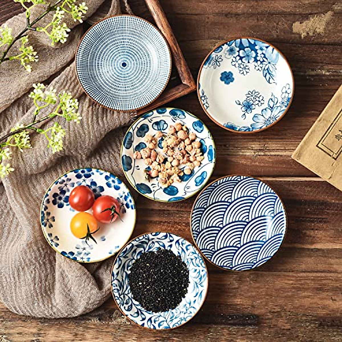 WEUNUM Soy Sauce Bowls/Dishes Set of 6, 4 Inch Dipping Bowls Sushi Plates and Appetizer Dessert Small Bowls for Charcuterie Board,3 oz Porcelain Pinch Bowls for Kitchen Prep(Blue mixed)