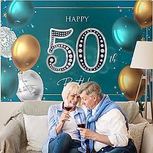 HAMIGAR 6x4ft Happy 50th Birthday Banner Backdrop - 50 Years Old Birthday Decorations Party Supplies for Women Men - Green Silver