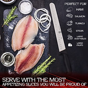 12-inch Blade Granton Edge, Turkey, Salmon, ham Slicer, Meat Slicing Knife. NSF Certified, German Steel, Best Knife to Slice Large Roast and Whole Turkey. By Light 'n' Mighty.