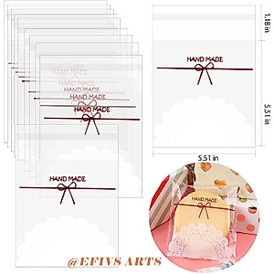 Efivs Arts 200pcs 5.5x5.5in Lovely Lace Bowknot Clear Biscuit Roasting Treat Present DIY Plastic Candy Individual Wrappers Self Adhesive OPP Cookie Bakery Decorating Favor Bags