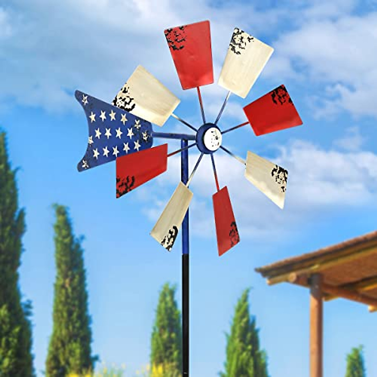 Exhart Yard Pinwheel Decorations – American Flag Windmill Spinner – USA Garden Windmill w/Weather Resistant Americana Metal Blades, Patriotic Decorations, Garden Décor (12" L x 13" W x 54" H)