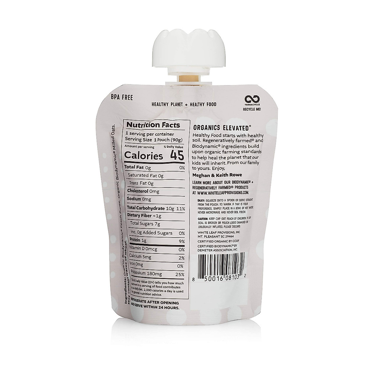 White Leaf Provisions Biodynamic Organic Baby Food Peach + Oat (6 (90g) Pouches)