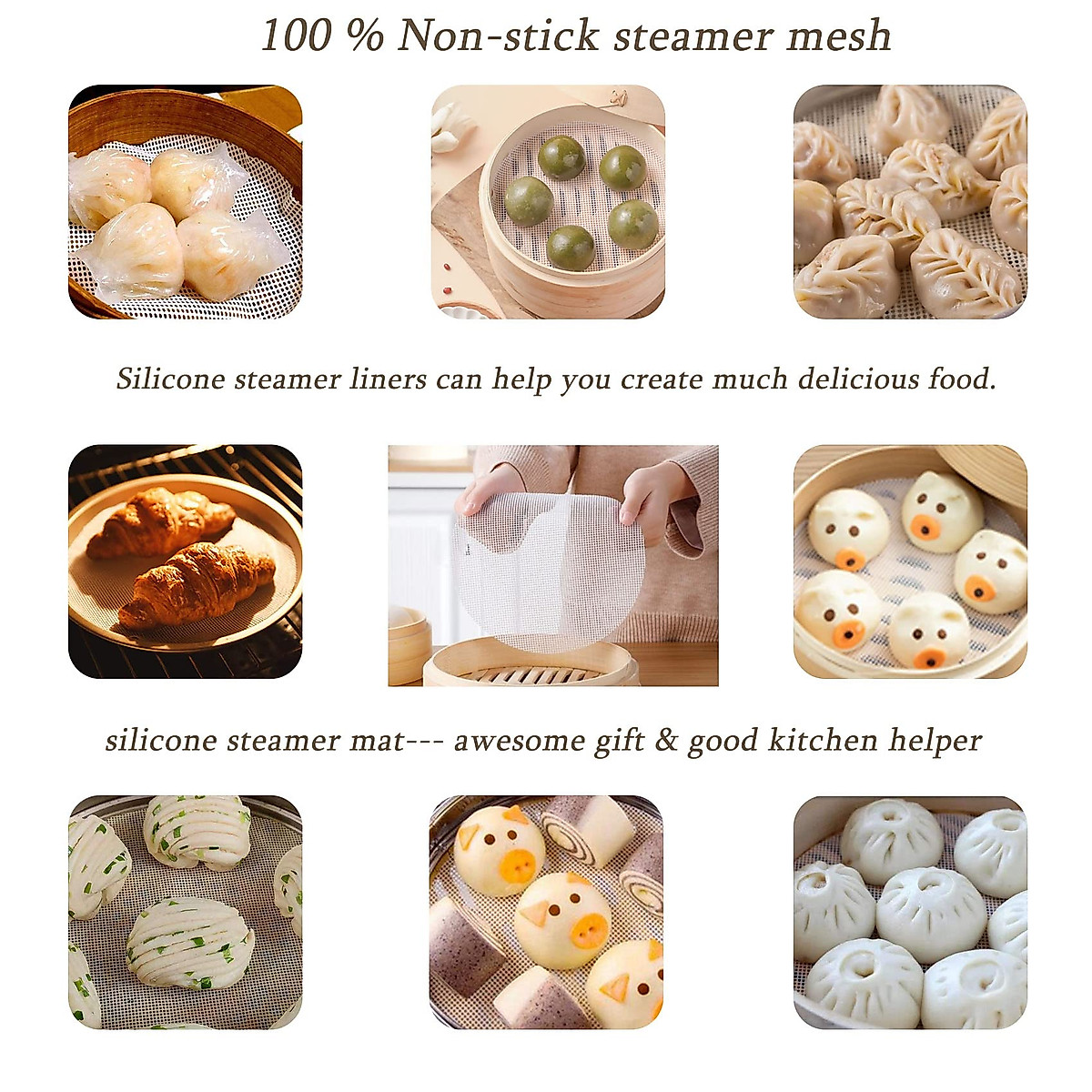 Inchant 5pcs Round Silicone Steamer Mats Non-stick Silicone Dumplings Buns Baking Pastry Dim Sum Mat for Bamboo Steamer