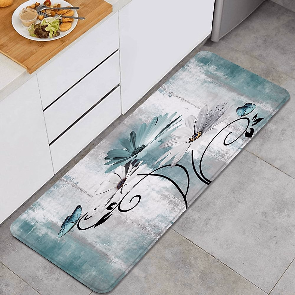 MIFSOIAVV Kitchen Mat,Rustic Farmhouse Farm Teal Daisy Floral Flowers and Butterfly on Country Wooden Turquoise Blue,Kitchen Floor Mat Anti Fatigue Standing Area Rug Non Slip Carpet 47.2''L x 17.7''W