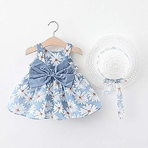 Baby Girls Floral Tutu Dress Summer Sleeveless Backless Princess Birthday Party Dresses Toddler Little Girl First Communion Pageant Flower Ruffle Bow Sundress with Sun Hat Outfit Set Blue 12-18 Months