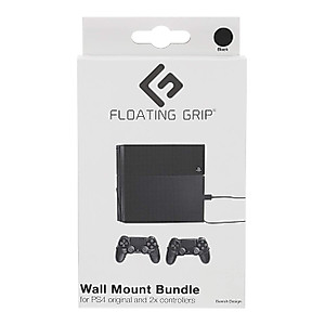 PS4 / PlayStation 4 Wall Mount system by FLOATING GRIP - Wall Mount hanging kit for displaying PS4 and 2x Controllers on the wall (Bundle: Fits PS4 + 2x Controllers, Black)
