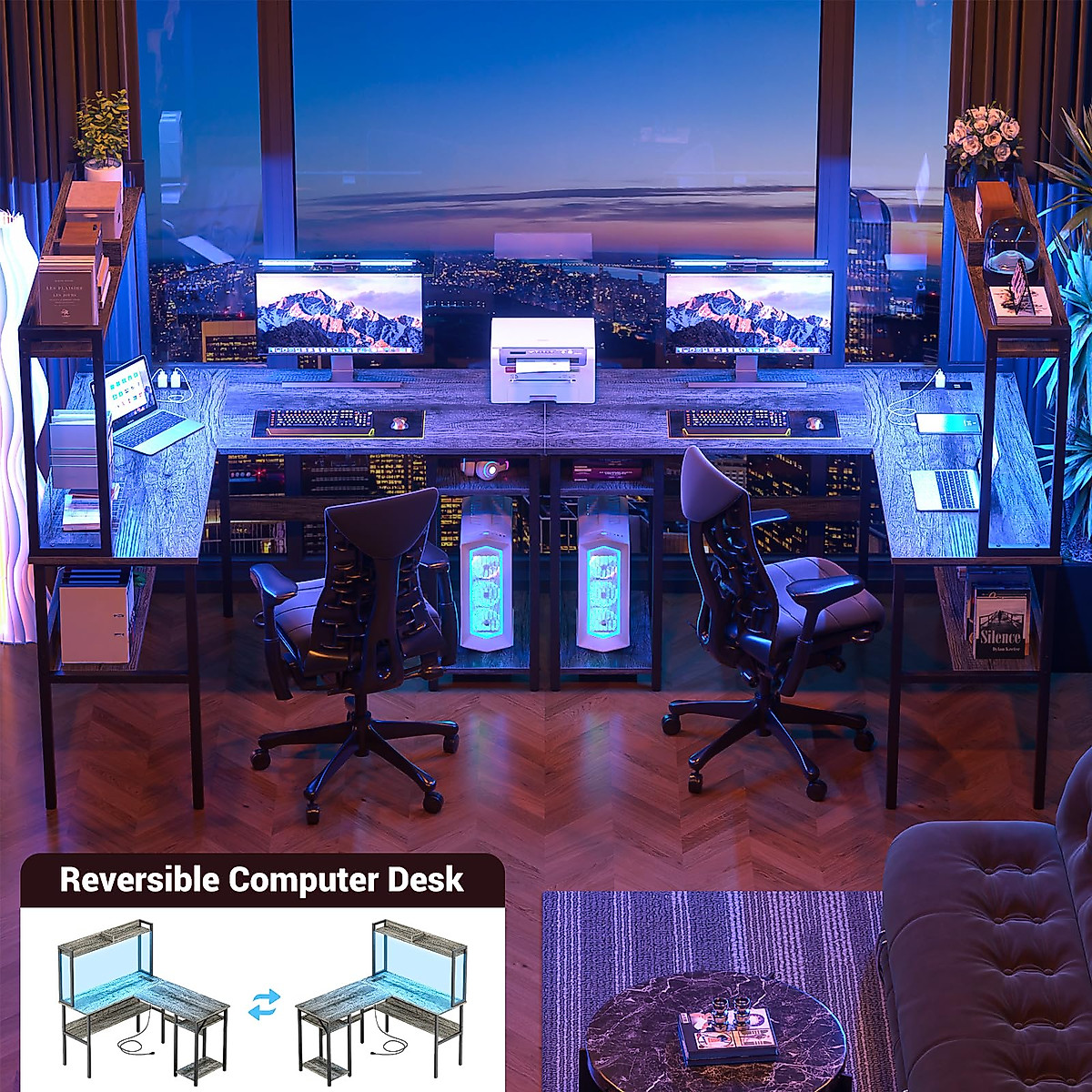 Unikito L Shaped Gaming Desk with LED Strip and Power Outlets, Reversible L-Shaped Computer Desk with Storage Shelves, Corner Desk with Hutch, 2 Person Home Office Desk, Black Oak