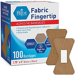 MED PRIDE Sterile Fabric Fingertip Adhesive Bandages 1.75'' x 3'' [100 Count]- First Aid Finger Bandages Coated with Hypoallergenic Adhesive- Latex-Rubber Free Wound Care Bandages- Individual Wrapped