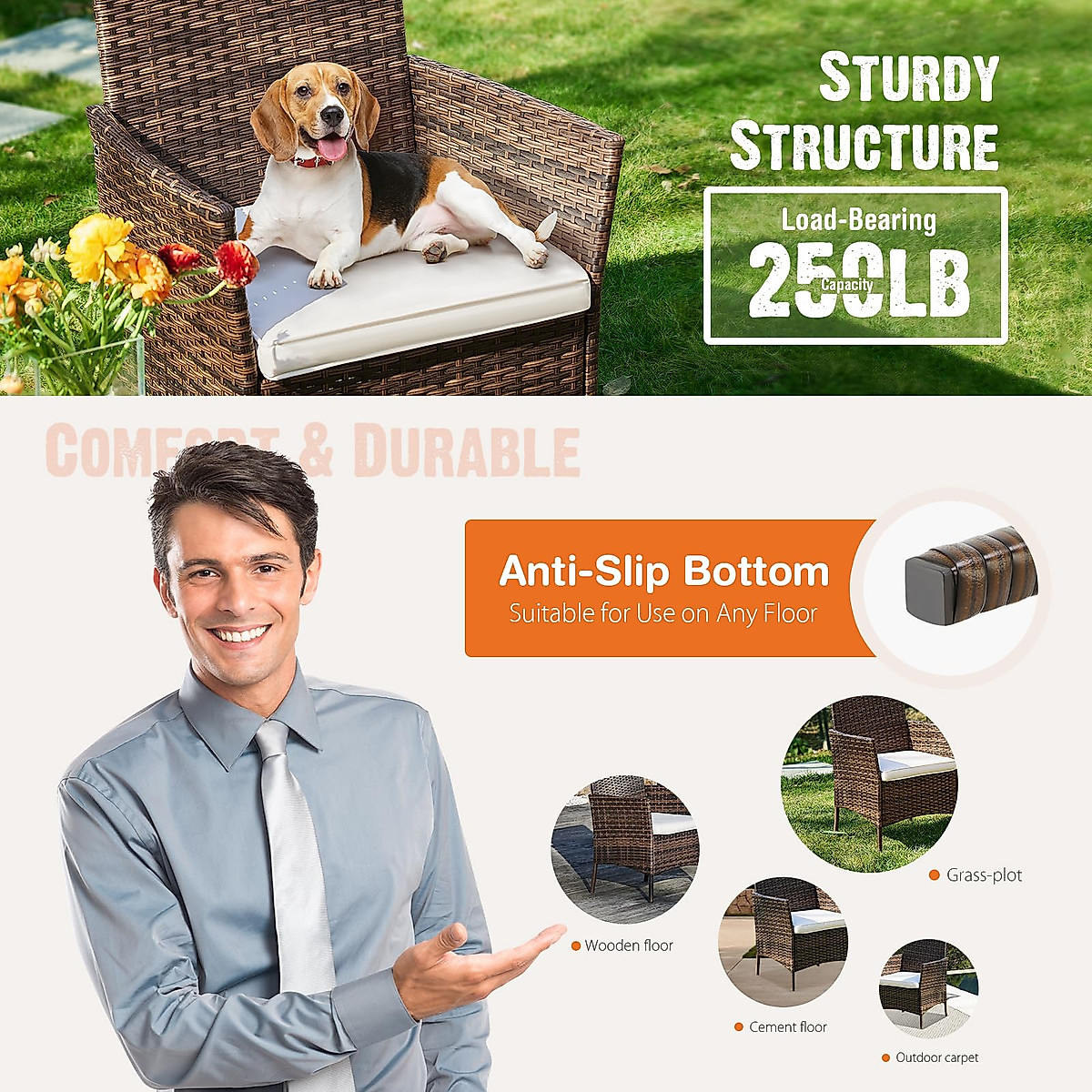 Sweetcrispy Patio Furniture Set 4 Pieces, Outdoor Furniture with Soft Cushion and Glass Table, All Weather Manual Weaving Wicker Rattan Patio Chairs for Garden, Terrace, Porch, Lawn (Brown and Beige)