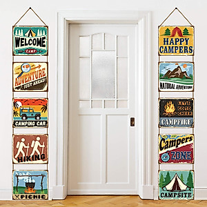Camping Party Decorations Camping Banner Laminated Camping Signs Camp Themed Decorations Supply Birthday Party Baby Shower Decor Paper Cutouts with 2 Ropes and Glue Point Dots