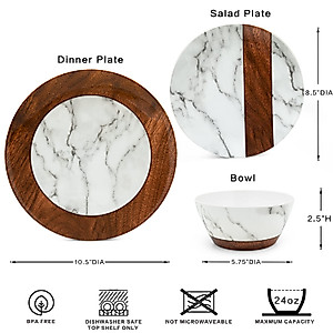 LEHAHA Rustic Modern Melamine Dinnerware Sets, Marble 12-Piece Lightweight Outdoor Plates and Bowls Sets, Unbreakable Wood Patterns Dishes Dinnerware Set, Service for 4…