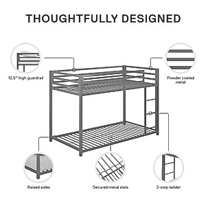 DHP Miles Metal Bunk Bed, Silver, Twin over Twin