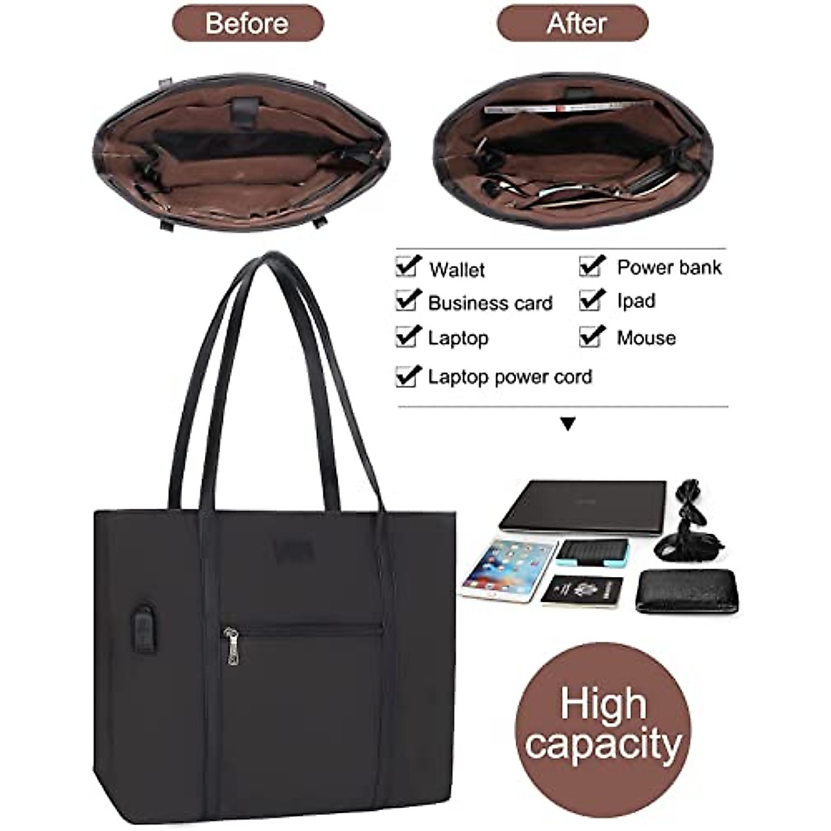 Chomeiu USB Laptop Tote Bag, Woman 15.6 inch Laptop Organizer Bag Teacher Work Purse (Black)