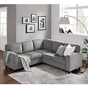 RedLemon Sectional Sleeper Sofa with Pull Out Couch Bed, 80'' Convertible L Shaped Couch with Storage Chaise & USB Charging Port, Comfy Sofa for Living Room, Apartment, Corduroy, Light Grey