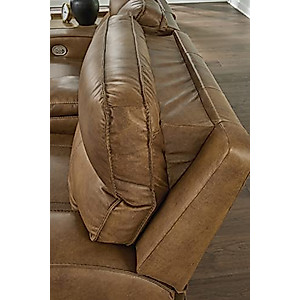 Signature Design by Ashley Game Plan Contemporary Tufted Leather Power Reclining Loveseat with Console and Adjustable Headrest, Light Brown