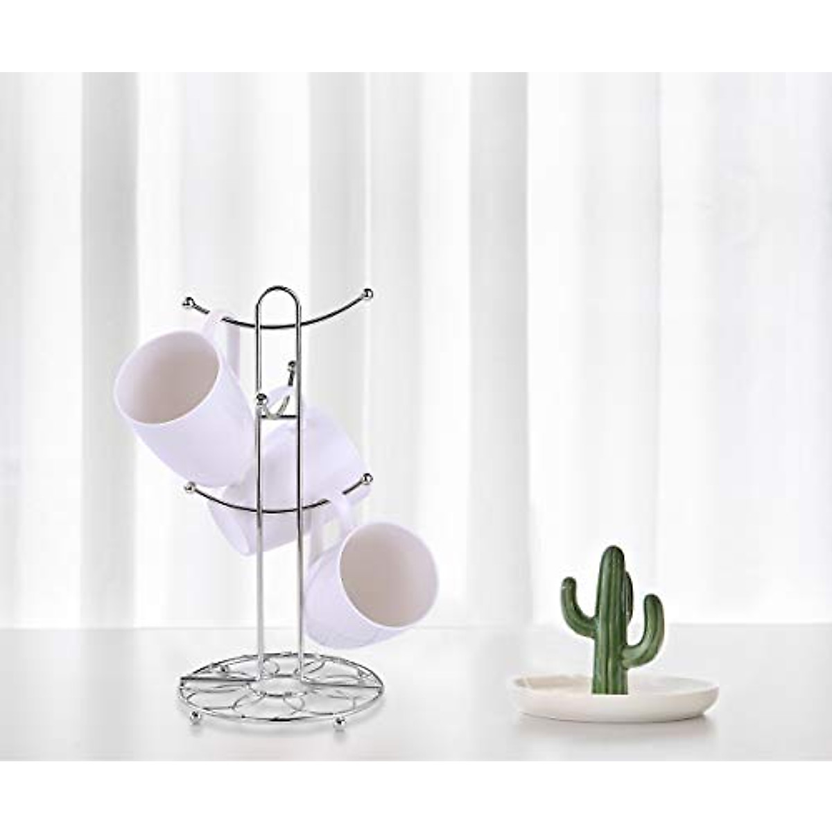 Buruis Mug Rack Tree, Decorative Flower Pattern Base Metal Mug Holder, Kitchen Coffee Mug Tree Countertop Tea Cups Holder Stand, Coffee Cup Dryer with 6 Hooks (Silver)